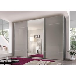 Schwebetürenschrank STAUD "Sonate Lucca mit Spiegel, Made in Germany" Schränke Gr. B/H/T: 249 cm x 240 cm x 68 cm, Premium, 3 St., grau (saphirglas) Mit vier verschiedenen Ausstattungsvarianten