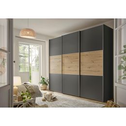 Schwebetürenschrank STAUD "Includo, Made in Germany" Schränke Gr. B/H/T: 280 cm x 222 cm x 68 cm, Comfort, 3 St., grau (dekor vulkan, artisan eiche) Mit vier verschiedenen Ausstattungsvarianten