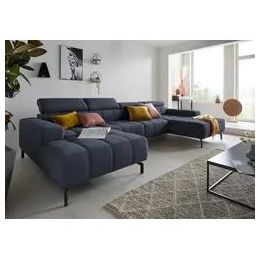 Wohnlandschaft DOMO collection "Cunelli U-Form" Sofas Gr. B/H/T: 376 cm x 79 cm x 175 cm, Struktur grob, Recamiere beidseitig, Mit Kopfteilverstellung, blau (dunkelblau) wahlweise inklusive Kopfteilverstellung und beidseitiger Recamiere