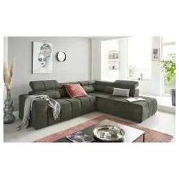 Ecksofa DOMO collection "Brandon L-Form, auch in Leder" Sofas Gr. B/H/T: 275cm x 80cm x 228cm, Chenille-Optik, Ottomane rechts, mit Sitztiefenverstellung, mit Nierenkissen, grün (dunkelgrün) inklusive Kopfteilverstellung, wahlweise mit Sitztiefenverstellung