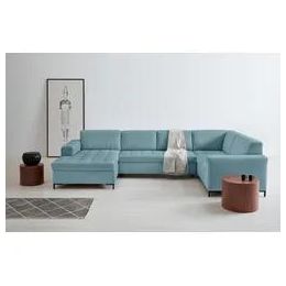 Wohnlandschaft OTTO products "Grazzo U-Form" Sofas Gr. B/H/T: 332 cm x 80 cm x 199 cm, Struktur (recyceltes Polyester), Recamiere links, Ohne Bettfunktion-ohne Bettkasten, blau (eisblau) Sofas hochwertige Stoffe aus recyceltem Material, Steppung im Sitzbereich