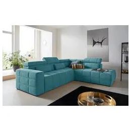 Ecksofa DOMO collection "Brandon L-Form, auch in Leder" Sofas Gr. B/H/T: 275cm x 80cm x 228cm, Luxus-Microfaser weich, Ottomane rechts, ohne Sitztiefenverstellung, mit Nierenkissen, blau (türkis) inklusive Kopfteilverstellung, wahlweise mit Sitztiefenverstellung