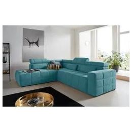 Ecksofa DOMO collection "Brandon L-Form, auch in Leder" Sofas Gr. B/H/T: 275cm x 80cm x 228cm, Luxus-Microfaser weich, Ottomane links, ohne Sitztiefenverstellung, mit Nierenkissen, blau (türkis) inklusive Kopfteilverstellung, wahlweise mit Sitztiefenverstellung