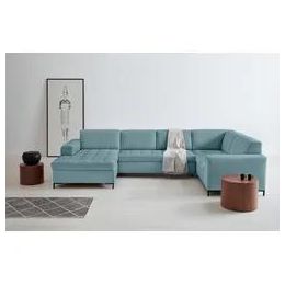 Wohnlandschaft OTTO products "Grazzo U-Form" Sofas Gr. B/H/T: 332 cm x 80 cm x 199 cm, Struktur (recyceltes Polyester), Recamiere links, Mit Bettfunktion-mit Bettkasten, blau (eisblau) Sofas hochwertige Stoffe aus recyceltem Material, Steppung im Sitzbereich