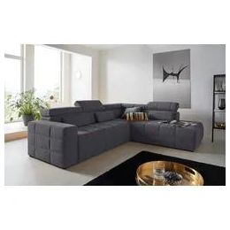 Ecksofa DOMO collection "Brandon L-Form, auch in Leder" Sofas Gr. B/H/T: 275cm x 80cm x 228cm, Luxus-Microfaser weich, Ottomane rechts, mit Sitztiefenverstellung, mit Nierenkissen, grau (dunkelgrau) inklusive Kopfteilverstellung, wahlweise mit Sitztiefenverstellung