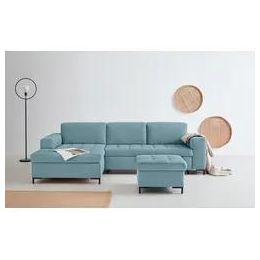 Ecksofa OTTO products "Grazzo L-Form" Sofas Gr. B/H/T: 266cm x 80cm x 162cm, Struktur (recyceltes Polyester), Recamiere links, Ohne Bettfunktion-ohne Bettkasten, blau (eisblau) Sofas hochwertige Stoffe aus recyceltem Material, Steppung im Sitzbereich