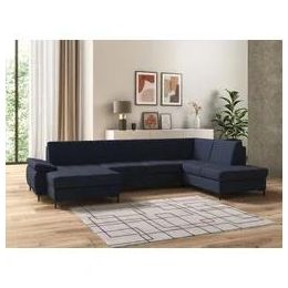 Wohnlandschaft DOMO collection "Capelo U-Form" Sofas Gr. B/H/T: 348 cm x 84 cm x 204 cm, Struktur fein, Recamiere links, ohne Bettfunktion-mit Armteilverstellung, blau (dunkelblau) mit Armteilverstellung, wahlweise Bettfunktion, Federkern