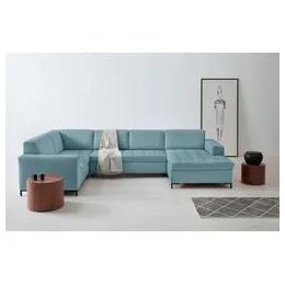 Wohnlandschaft OTTO products "Grazzo U-Form" Sofas Gr. B/H/T: 332 cm x 80 cm x 199 cm, Struktur (recyceltes Polyester), Recamiere rechts, Ohne Bettfunktion-ohne Bettkasten, blau (eisblau) Sofas hochwertige Stoffe aus recyceltem Material, Steppung im Sitzbereich