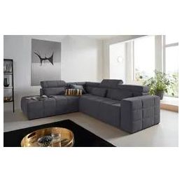 Ecksofa DOMO collection "Brandon L-Form, auch in Leder" Sofas Gr. B/H/T: 275cm x 80cm x 228cm, Luxus-Microfaser weich, Ottomane links, mit Sitztiefenverstellung, mit Nierenkissen, grau (dunkelgrau) inklusive Kopfteilverstellung, wahlweise mit Sitztiefenverstellung