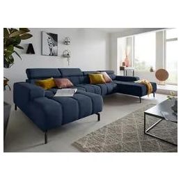 Wohnlandschaft DOMO collection "Cunelli U-Form" Sofas Gr. B/H/T: 376 cm x 79 cm x 175 cm, Struktur fein, Recamiere beidseitig, Mit Kopfteilverstellung, blau (dunkelblau) wahlweise inklusive Kopfteilverstellung und beidseitiger Recamiere