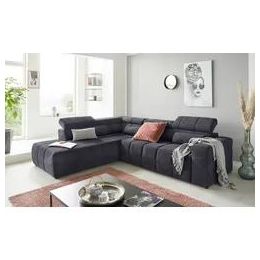 Ecksofa DOMO collection "Brandon L-Form, auch in Leder" Sofas Gr. B/H/T: 275cm x 80cm x 228cm, Chenille-Optik, Ottomane links, mit Sitztiefenverstellung, mit Nierenkissen, blau (dunkelblau) inklusive Kopfteilverstellung, wahlweise mit Sitztiefenverstellung