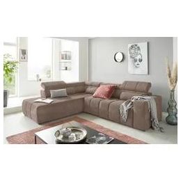 Ecksofa DOMO collection "Brandon L-Form, auch in Leder" Sofas Gr. B/H/T: 275 cm x 80 cm x 228 cm, Chenille-Optik, Ottomane links, mit Sitztiefenverstellung, mit Nierenkissen, braun (cappucino) inklusive Kopfteilverstellung, wahlweise mit Sitztiefenverstellung