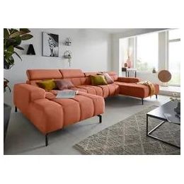 Wohnlandschaft DOMO collection "Cunelli U-Form" Sofas Gr. B/H/T: 376cm x 79cm x 175cm, Struktur fein, Recamiere beidseitig, Mit Kopfteilverstellung, orange wahlweise inklusive Kopfteilverstellung und beidseitiger Recamiere