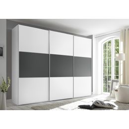 Schwebetürenschrank STAUD "Includo, Made in Germany" Schränke Gr. B/H/T: 249 cm x 222 cm x 68 cm, Comfort, 3 St., weiß (dekor weiß, vulkan) Mit vier verschiedenen Ausstattungsvarianten