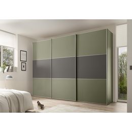 Schwebetürenschrank STAUD "Includo, Made in Germany" Schränke Gr. B/H/T: 280 cm x 222 cm x 68 cm, Basic, 3 St., grün (dekor salbei, vulkan) Mit vier verschiedenen Ausstattungsvarianten