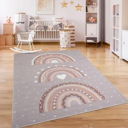 Kinderteppich Paco Home "Eliz 392" Teppiche Gr. B/L: 140 cm x 200 cm, 12 mm, 1 St., grau (grau, beige) Kinder Kurzflor, Spielteppich, Patchwork-Muster, Motiv Punkte & Regenbogen