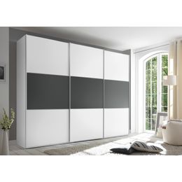 Schwebetürenschrank STAUD "Includo, Made in Germany" Schränke Gr. B/H/T: 280 cm x 222 cm x 68 cm, Comfort, 3 St., weiß (dekor weiß, vulkan) Mit vier verschiedenen Ausstattungsvarianten