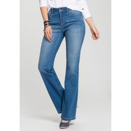 H.I.S. Bootcut-Jeans H.I.S "High-Waist" Gr. 28, Länge 32, blau (mid, blue, used) Damen Jeans wassersparende Produktion durch OZON WASH