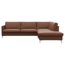 Ecksofa FLEXLUX "Fiore, L-Form, bequem und komfortabel durch hochwertigem Sitzaufbau" Sofas Gr. B/H/T: 266cm x 85cm x 225cm, Echtleder, Ottomane rechts, braun (old chestnut) schmale Armlehnen, Kaltschaum, Füße Alu