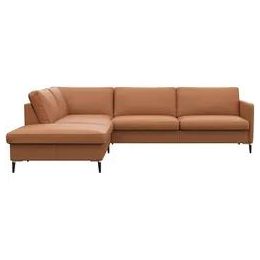 Ecksofa FLEXLUX "Fiore, L-Form" Sofas Gr. B/H/T: 266cm x 85cm x 225cm, Echtleder, Ottomane links, braun (modern cogna) schmale Armlehnen, Kaltschaum, Füße Alu+schwarz