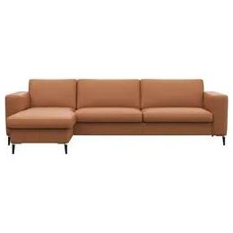 Ecksofa FLEXLUX "Fiore, super Sitzkomfort durch Kaltschaum im Sitz, L-Form" Sofas Gr. B/H/T: 262cm x 85cm x 92cm, Echtleder, Chaiselongue links, braun (modern cogna) breite Armlehnen, Kaltschaum, Füße Alu+schwarz