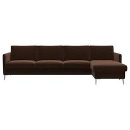 Ecksofa FLEXLUX "Fiore, L-Form, bequem und komfortabel durch hochwertigem Sitzaufbau" Sofas Gr. B/H/T: 280cm x 85cm x 159cm, Velvet, Chaiselongue rechts, braun (tobacco) schmale Armlehnen, Kaltschaum, Füße Alu