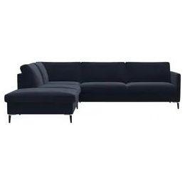 Ecksofa FLEXLUX "Fiore, L-Form" Sofas Gr. B/H/T: 266cm x 85cm x 225cm, Velvet, Ottomane links, blau (royal blau) schmale Armlehnen, Kaltschaum, Füße Alu+schwarz