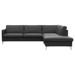 Ecksofa FLEXLUX "Fiore, L-Form, bequem und komfortabel durch hochwertigem Sitzaufbau" Sofas Gr. B/H/T: 266cm x 85cm x 225cm, Echtleder, Ottomane rechts, schwarz (deep black) schmale Armlehnen, Kaltschaum, Füße Alu