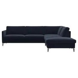 Ecksofa FLEXLUX "Fiore, super Sitzkomfort durch Kaltschaum im Sitz, L-Form" Sofas Gr. B/H/T: 266cm x 85cm x 225cm, Velvet, Ottomane rechts, blau (royal blau) schmale Armlehnen, Füße Alu+schwarz