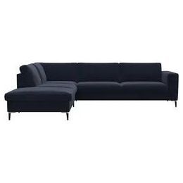 Ecksofa FLEXLUX "Fiore, L-Form, bequem und komfortabel durch hochwertigem Sitzaufbau" Sofas Gr. B/H/T: 273cm x 85cm x 225cm, Velvet, Ottomane links, blau (royal blau) breite Armlehnen, Kaltschaum, Füße Alu+schwarz