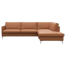 Ecksofa FLEXLUX "Fiore, L-Form, bequem und komfortabel durch hochwertigem Sitzaufbau" Sofas Gr. B/H/T: 266cm x 85cm x 225cm, Echtleder, Ottomane rechts, braun (modern cogna) schmale Armlehnen, Kaltschaum, Füße Alu