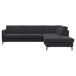 Ecksofa FLEXLUX "Fiore, super Sitzkomfort durch Kaltschaum im Sitz, L-Form" Sofas Gr. B/H/T: 266cm x 85cm x 225cm, Lederoptik, Ottomane rechts, schwarz (gorilla blac) schmale Armlehnen, Füße Alu+schwarz