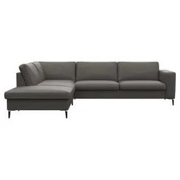 Ecksofa FLEXLUX "Fiore, L-Form, bequem und komfortabel durch hochwertigem Sitzaufbau" Sofas Gr. B/H/T: 273cm x 85cm x 225cm, Echtleder, Ottomane links, grau (warm mineral) breite Armlehnen, Kaltschaum, Füße Alu+schwarz