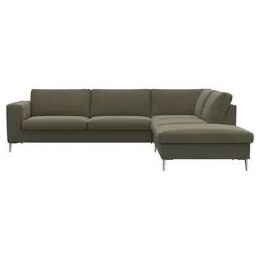 Ecksofa FLEXLUX "Fiore, super Sitzkomfort durch Kaltschaum im Sitz, L-Form" Sofas Gr. B/H/T: 273cm x 85cm x 225cm, Struktur, Ottomane rechts, grün (moss green) breite Armlehnen, Füße Alu