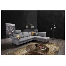 Ecksofa Places of Style "Sarsina: mit Tonnentaschen-Federkern, perfekt zum Entspannen L-Form" Sofas Gr. B/H/T: 265 cm x 85 cm x 223 cm, Flachgewebe, Ottomane rechts, grau inklusive 2 motorischen Relaxfunktionen mit Herz-Waage-Beschlag