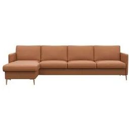 Ecksofa FLEXLUX "Fiore, super Sitzkomfort durch Kaltschaum im Sitz, L-Form" Sofas Gr. B/H/T: 280cm x 85cm x 159cm, Echtleder, Chaiselongue links, braun (modern cogna) schmale Armlehnen, Füße Alu+ Eiche