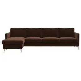 Ecksofa FLEXLUX "Fiore, super Sitzkomfort durch Kaltschaum im Sitz, L-Form" Sofas Gr. B/H/T: 280cm x 85cm x 159cm, Velvet, Chaiselongue links, braun (tobacco) schmale Armlehnen, Füße Alu+ Eiche