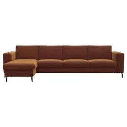 Ecksofa FLEXLUX "Fiore, L-Form" Sofas Gr. B/H/T: 295cm x 85cm x 159cm, Velvet, Chaiselongue links, braun (cognac) breite Armlehnen, Kaltschaum, Füße Alu+schwarz