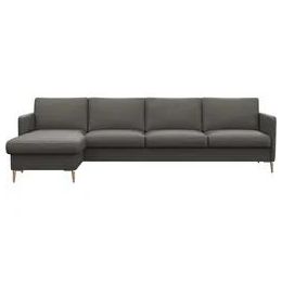 Ecksofa FLEXLUX "Fiore, super Sitzkomfort durch Kaltschaum im Sitz, L-Form" Sofas Gr. B/H/T: 280cm x 85cm x 159cm, Echtleder, Chaiselongue links, grau (warm mineral) schmale Armlehnen, Füße Alu+ Eiche