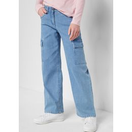 bonprix Weite Cargo-Jeans Mid Waist, blau, mit Baumwolle