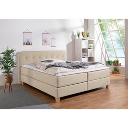 Boxspringbett Home Affaire "Fargo", beige, B:173cm L:227cm, Struktur fein (100% Polyester);Samtstoff (100% Polyester), Komplettbetten, in Überlänge 220 cm, mit Topper, 3 Ausführungen, 4, Breiten