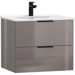 Waschtisch Welltime "Athen Badezimmerschrank mit Softclose Funktion WC Bad 60 cm" Waschtische Gr. eckig, grau (grau hochglanz, hochglanz) Waschplatz mit 2 Schubladen und Waschbecken Badmöbel Unterschrank