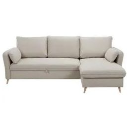 Miliboo Schlaf-Ecksofa mit Stauraum 3/4-Sitzer beiger Stoff und helles Holz DRISS