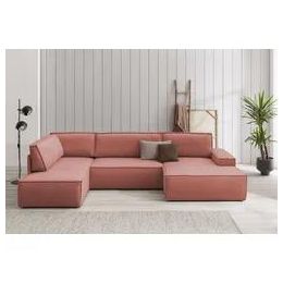 Wohnlandschaft Home Affaire "SHERWOOD XXL 329 cm, U-Form, Schlafsofa" Sofas Gr. B/H/T: 329 cm x 85 cm x 195 cm, Samtvelours, Recamiere rechts, rot (coral) Schlaffunktion m. Bettkasten (194x139 cm), Cord, Vintage, Samtvelours