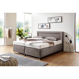 Boxspringbett, beige (feinstrukturstoff dunkelbeige), Liegefl&auml;che B/L: 180cm x 200cm, H2, 7-Zonen-Kaltschaummatratze, Bezug Unterbox und Kopfteil: Feinstrukturstoff (77% Polyester, 23% Viskose);Bezug Obermatratze 100% Polyester, waschbar bis 60C;Bezug Zierkissen Feinstrukturstoff (77% Polyester, 23% Viskose), Westfalia Schlafkomfort, Komplettbetten, Boxspringbett, mit Zierkissen und verchromten Ku