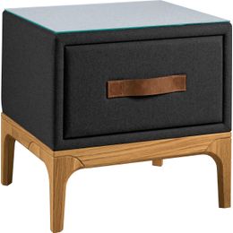 Nachtkommode Birkenstock "Iona" Sideboards Gr. B/H/T: 51 cm x 49,5 cm x 43,5 cm, 1, grau (anthrazit cww 28) mit Lederlaschen-Griff, Holzsockel in Eiche natur