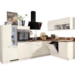 Küchenzeile KOCHSTATION "KS-Scafa, vormontiert, mit höhenverstellbaren Füßen" Komplettküchen-Sets Gr. B/T: 305 cm x 60 cm, ohne E-Geräte-kurzer Schenkel rechts, beige (küche: front: magnolie, qualität win, s. hinweis farbe, korpus: arbeitsplatte: nussbaumfarben) vormontiert, wahlweise mit E-Geräten, Stellbreite 305 x 185 cm