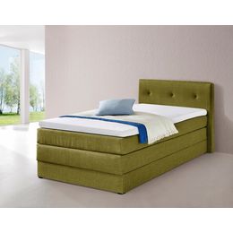 Boxspringbett Hapo, grün, Liegefläche B/L: 100cm x 200cm, kein Härtegrad, Bonnell-Federkernmatratze, Kopfteil, seitliche Unterbox und Obermatratze sind mit pflegeleichtem Feinstrukturstoff in Leinenoptik (100% Polyester) bezogen;Die Oberseite der Unterfederung und die Ober- und Unterseite der Obermatratze sind jeweils mit einem rutschhemmenden Stoff aus 100% Polyester bespannt., Komplettbetten, Bo