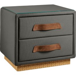 Nachtkommode Birkenstock "Montevideo" Sideboards Gr. B/H/T: 61 cm x 52,5 cm x 45 cm, 2, grau (basaltgrau tbb 8) inklusive Glasplatte, mit Lederlaschen-Griffen, Holzsockel