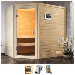 Welltime Sauna "Juli" Saunen 3,6-kW-Bio-Plug & Play Ofen mit ext. Steuerung Gr. Bio-Kombiofen, externe Steuerung, 3,6 kW, beige (naturbelassen)